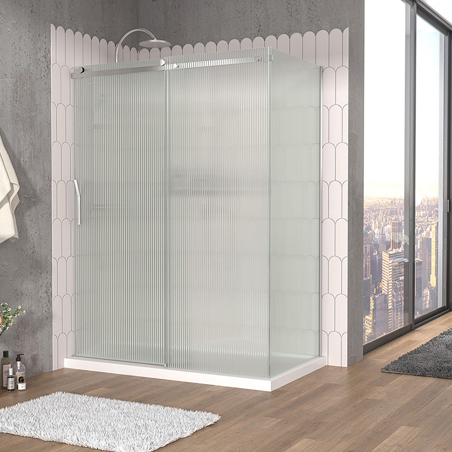 Shower door 60" x 36", in a corner closing on wall, wall on the left, door on the left, in ...